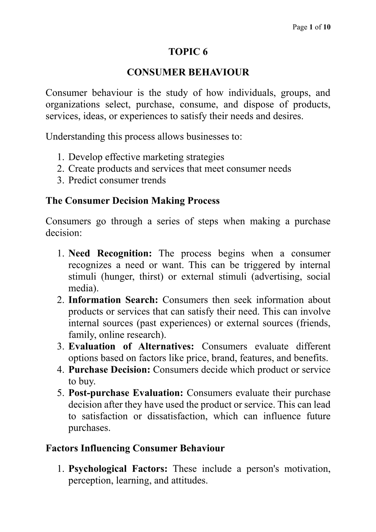 Topic - Consumer Behaviour - Page 1 of 10 TOPIC 6 CONSUMER BEHAVIOUR ...