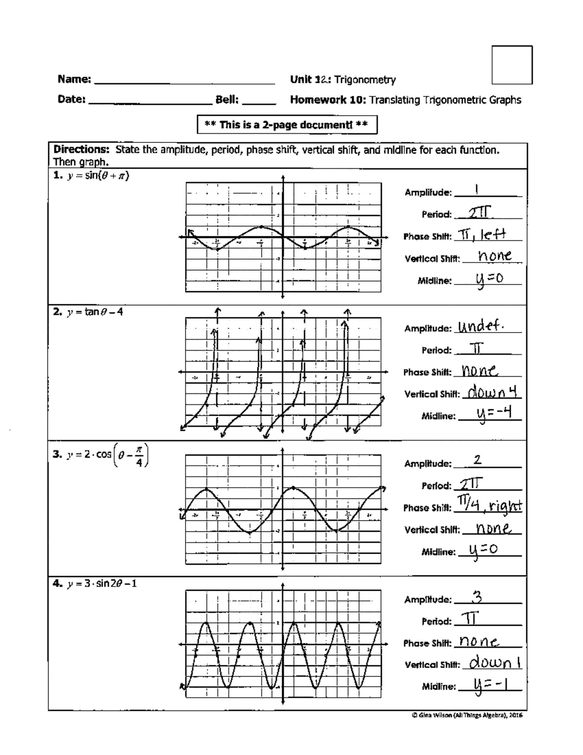8.8 Graphing Tangent HW ANS - Studocu