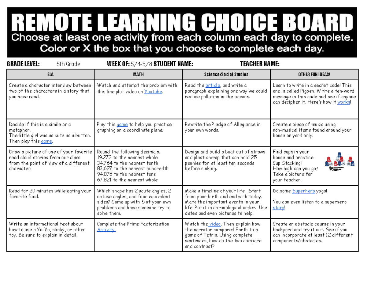 5th Grade - Week of 5 4 - Choice Board - GRADE LEVEL: 5th Grade WEEK OF ...