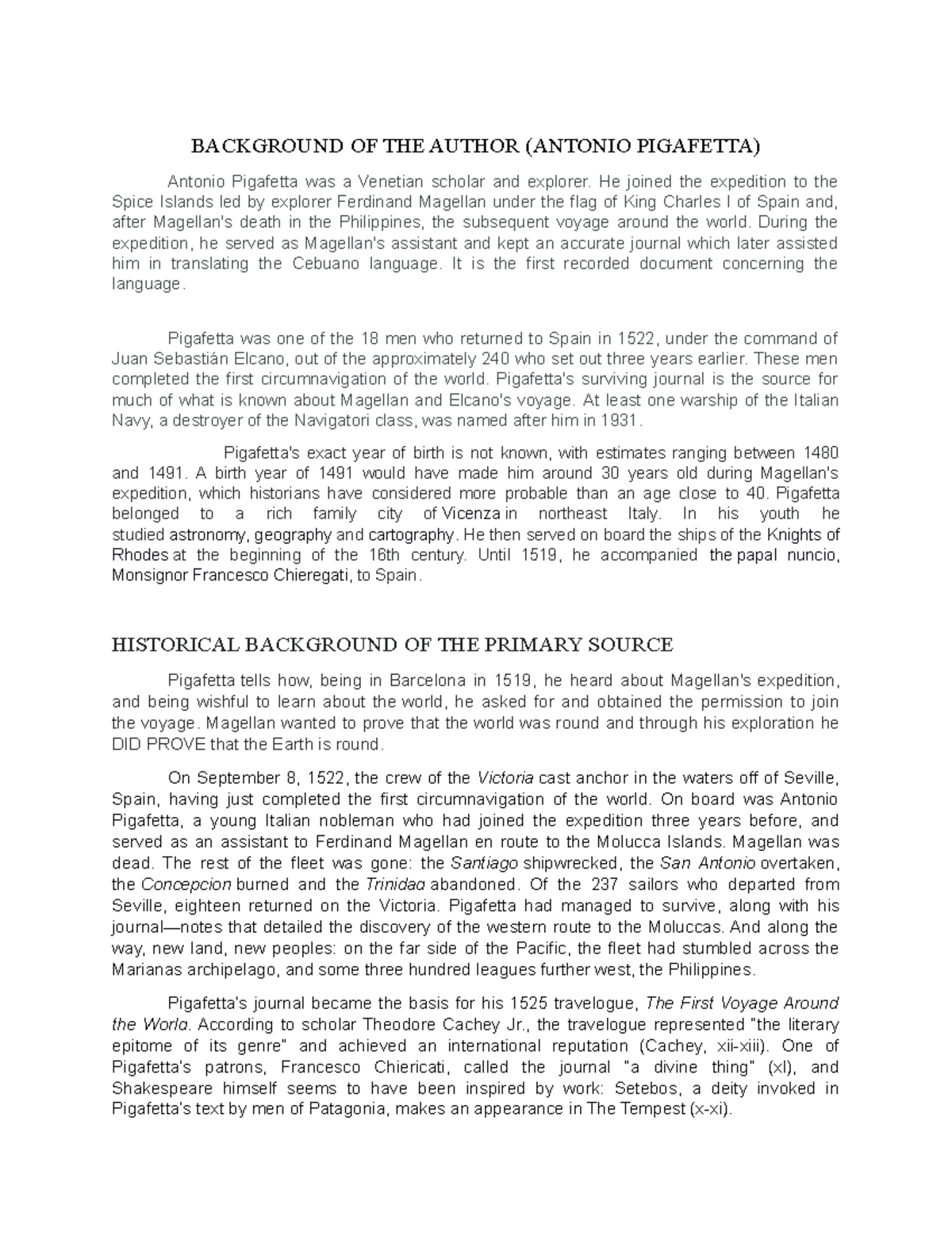 Background OF THE Author - BACKGROUND OF THE AUTHOR (ANTONIO PIGAFETTA ...