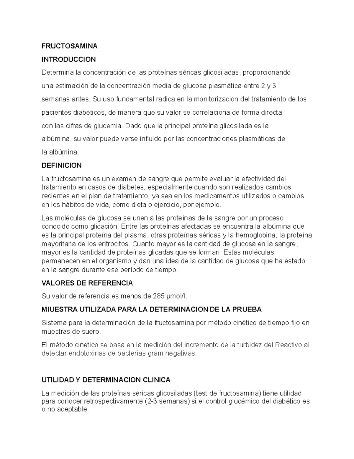 Fructosamina - FRUCTOSAMINA INTRODUCCION Determina la concentración de ...