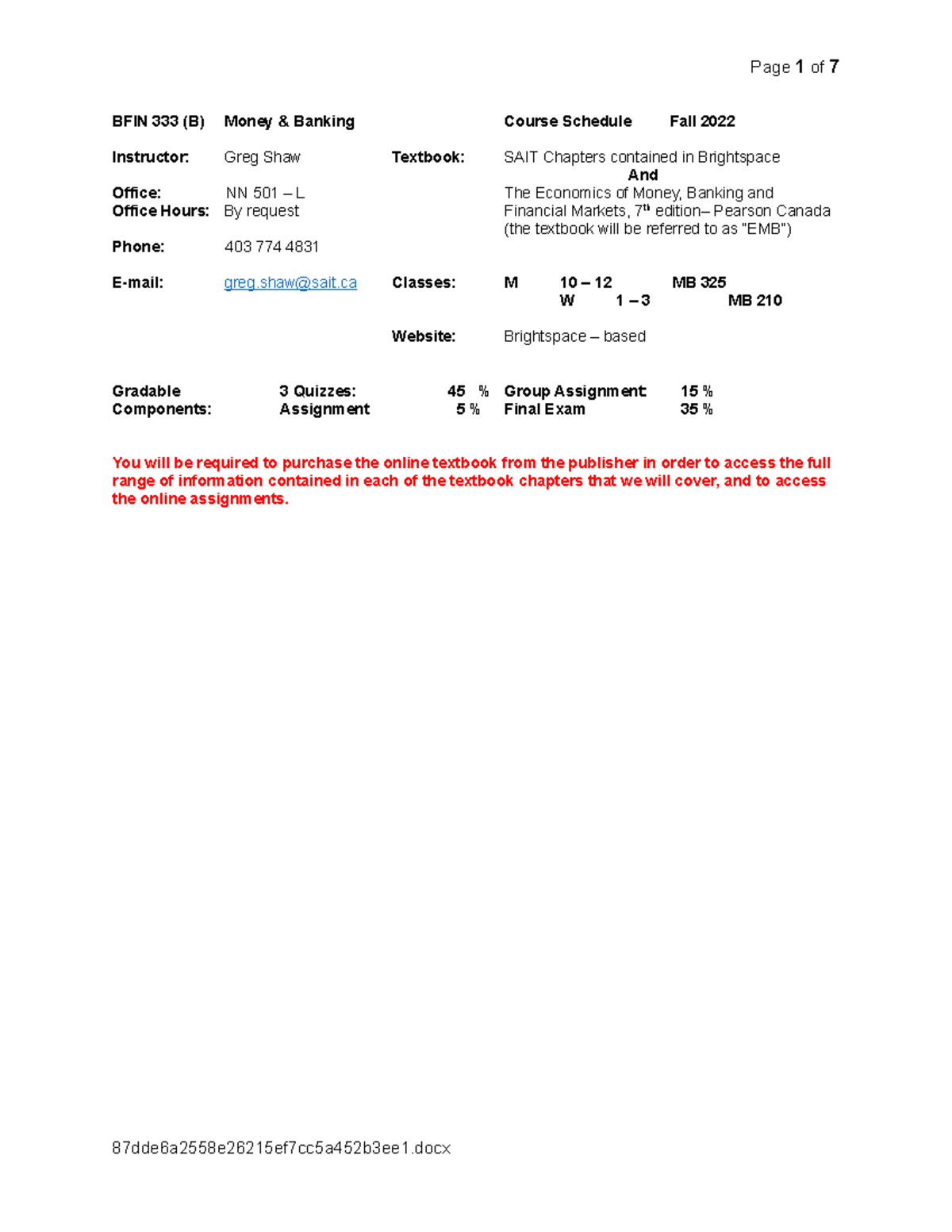 BFIN 333 B Class Schedule Fall 2022 - BFIN 333 (B) Money & Banking ...