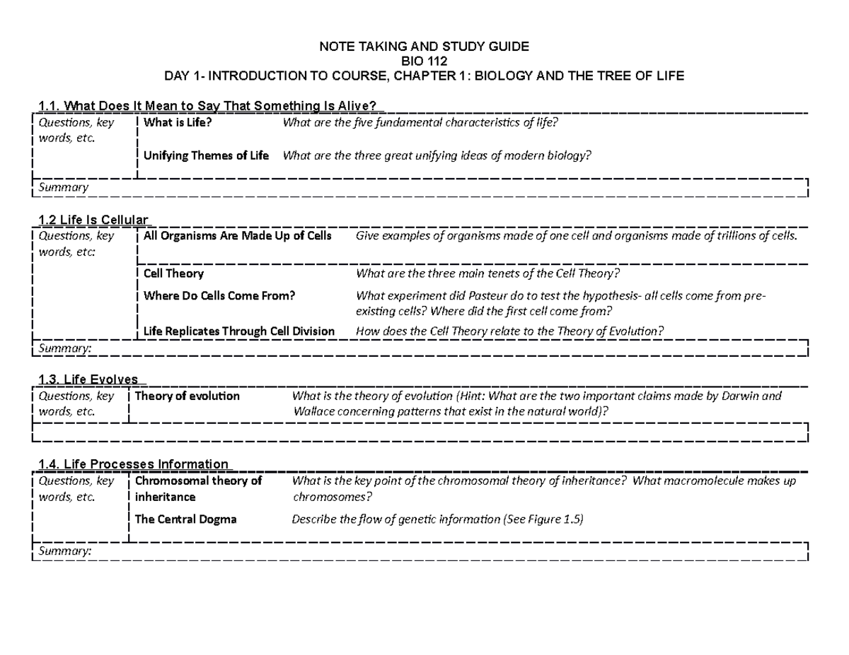 Day 1 Note Taking Guide BIO 112-Ch - NOTE TAKING AND STUDY GUIDE BIO ...