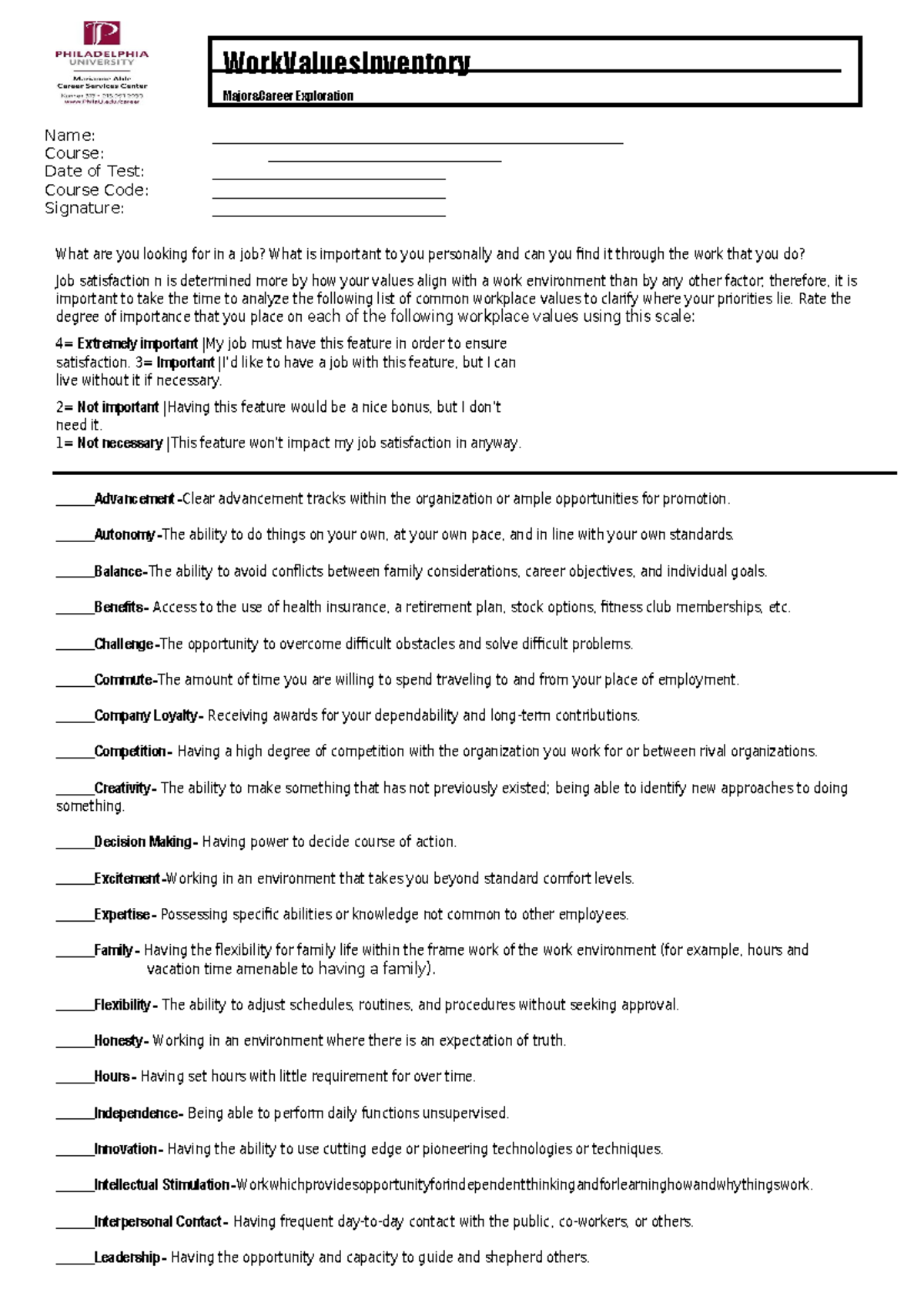 Self Assessment Work Values Inventory-1D 2 - WorkValuesInventory Major ...