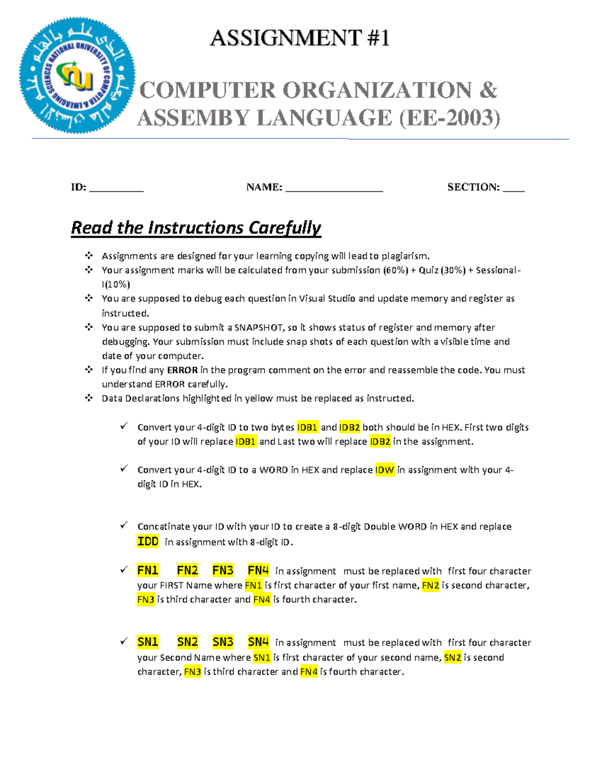 A1-v1 - COMPUTER ORGANIZATION & ASSEMBY LANGUAGE (EE- 2003 ) ASSIGNMENT ...
