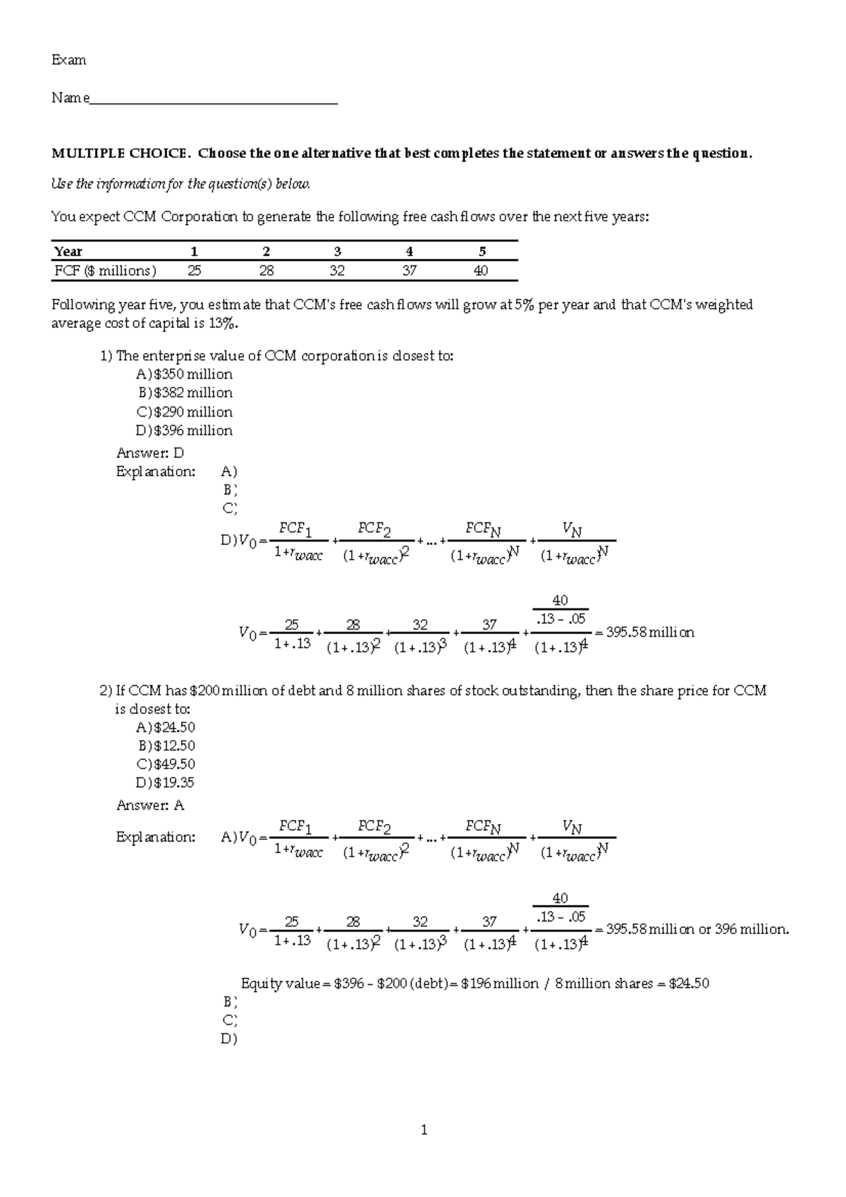 Exam finance.with answers - Exam Name ...