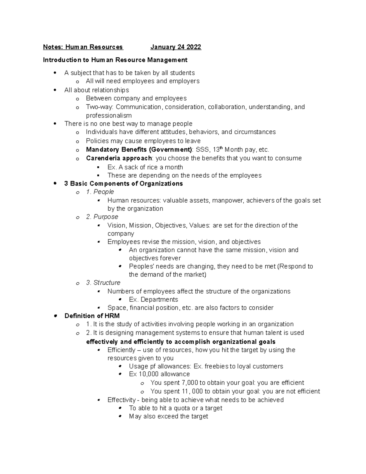 Notes Human Resource Management - Notes: Human Resources January 24 ...