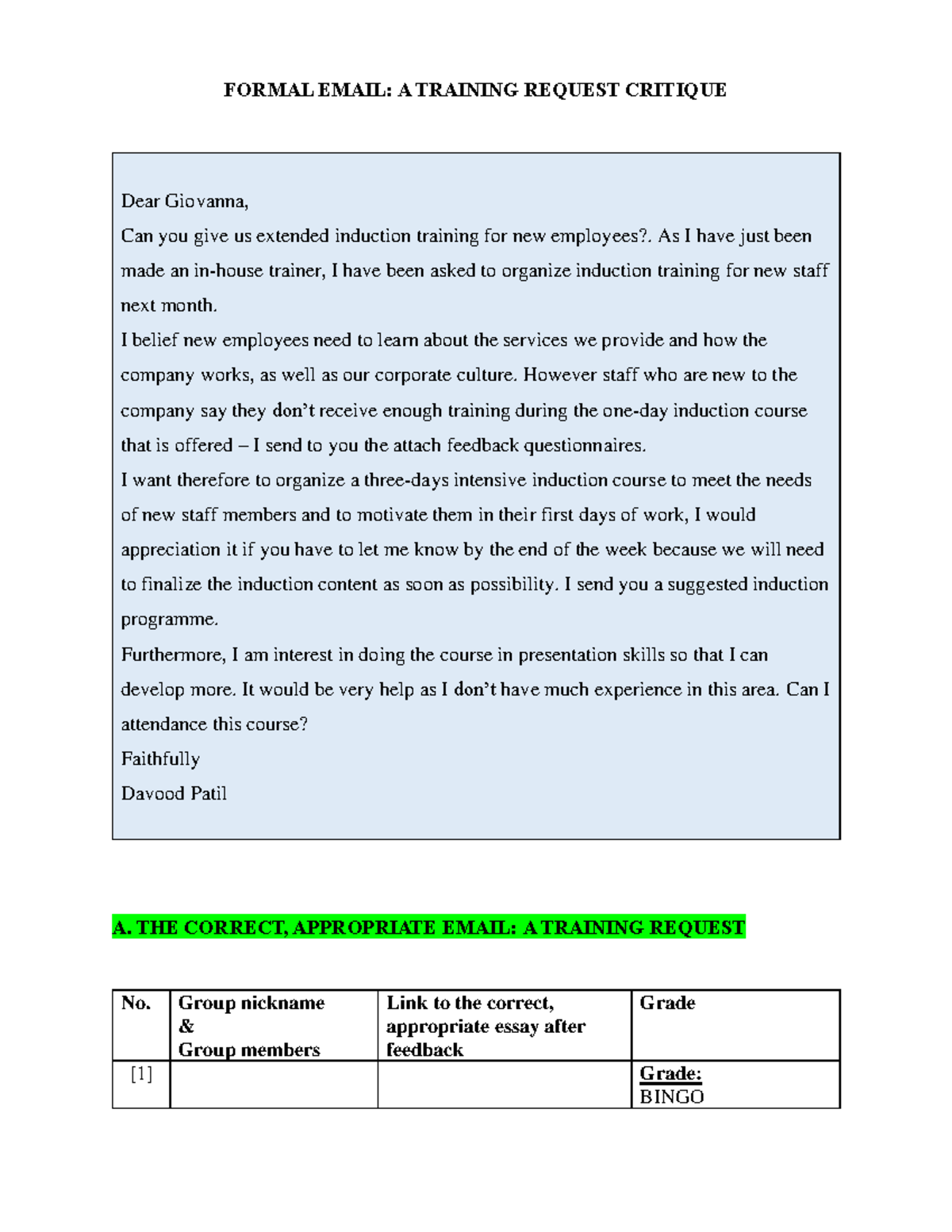 A Training request Critique students - FORMAL EMAIL: A TRAINING REQUEST ...