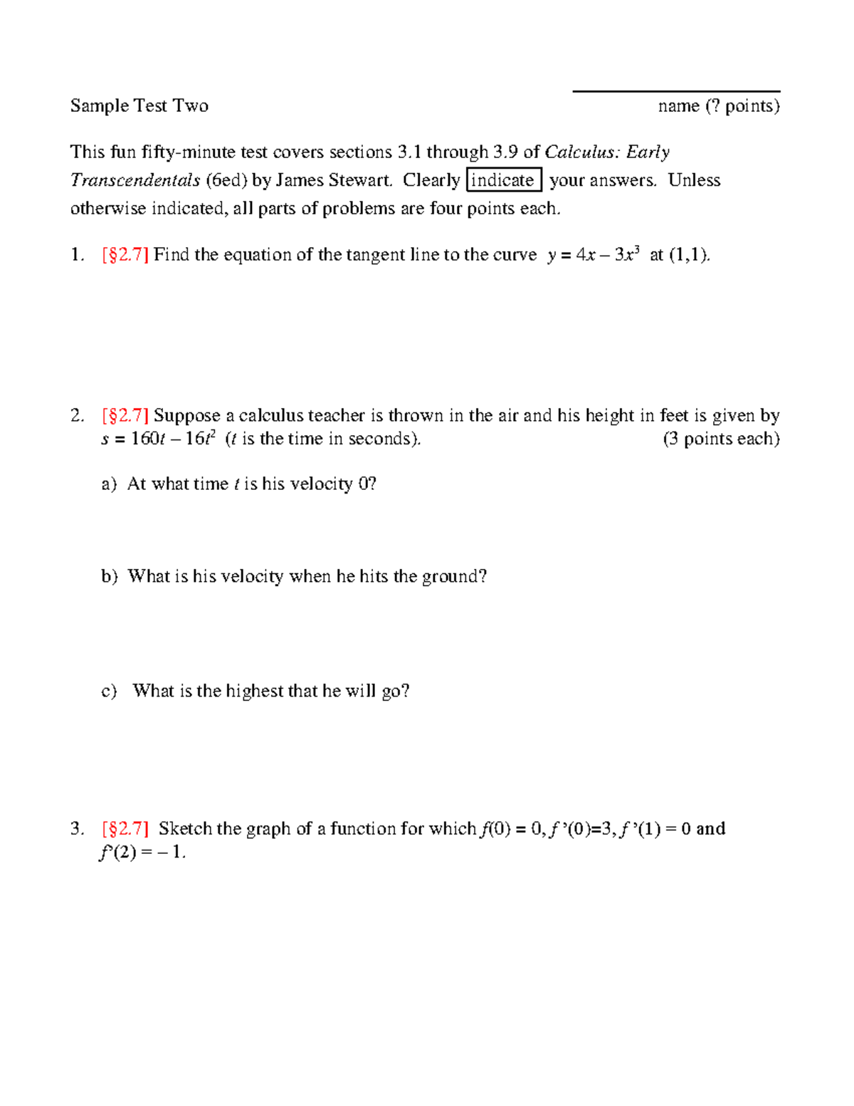MATH 30 Practice 4 - Math 251 Fall 20 19 Sample Test Two name (? points ...