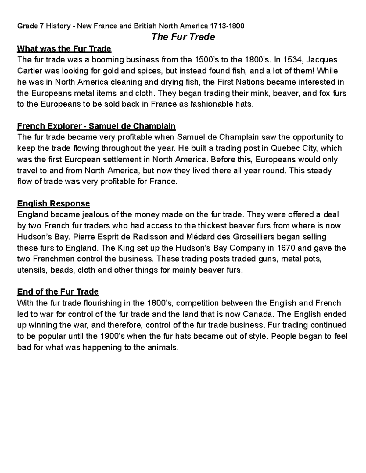 History 7 - New France and The Fur Trade - Google Docs - Grade 7 ...