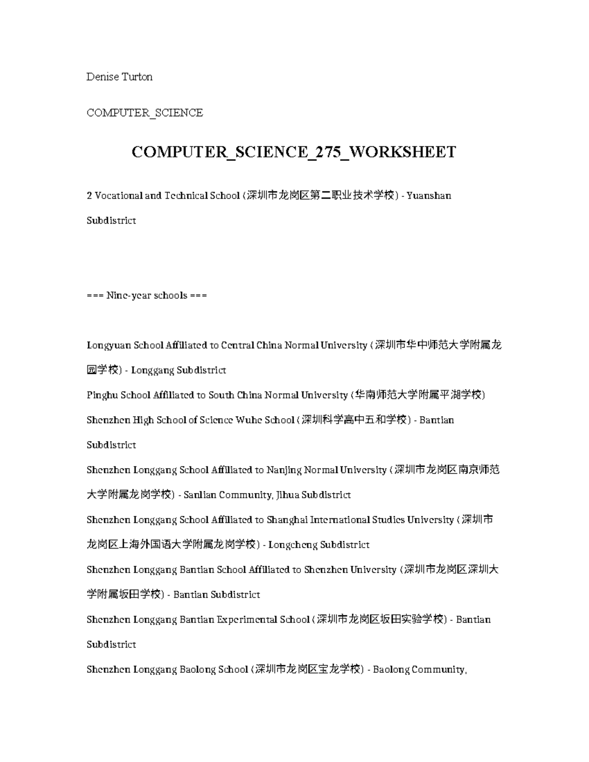 Computer Science 275 Worksheet - Denise Turton COMPUTER_SCIENCE ...
