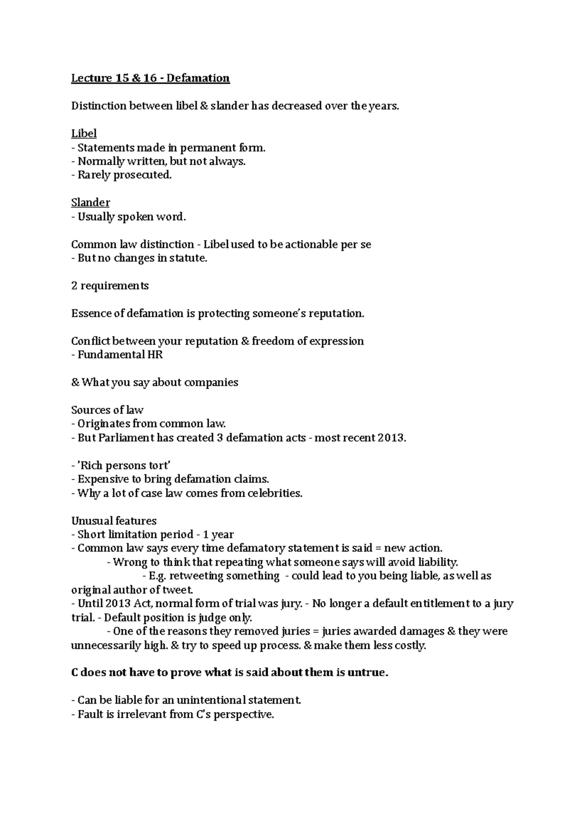 Tort Law, Lecture 15 &16, Tort Law - Lecture 15 16 Defamation ...