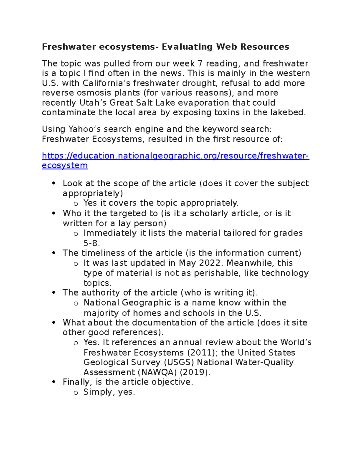 Wk 4 Using Yahoo search engine and the keyword search Freshwater ...