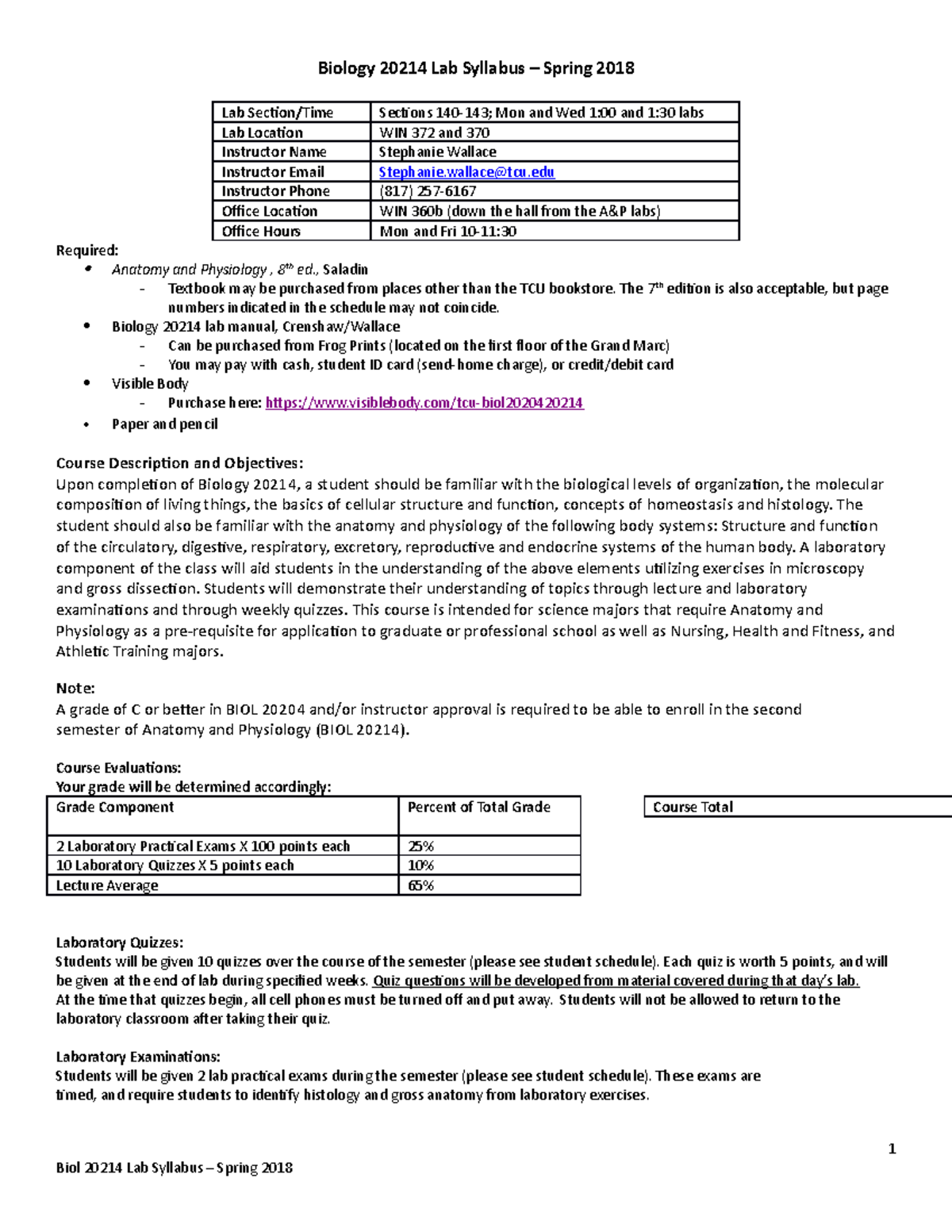 Biol 20214 Lab Syllabus Wallace- Biology 20214 Lab Syllabus – Spring ...