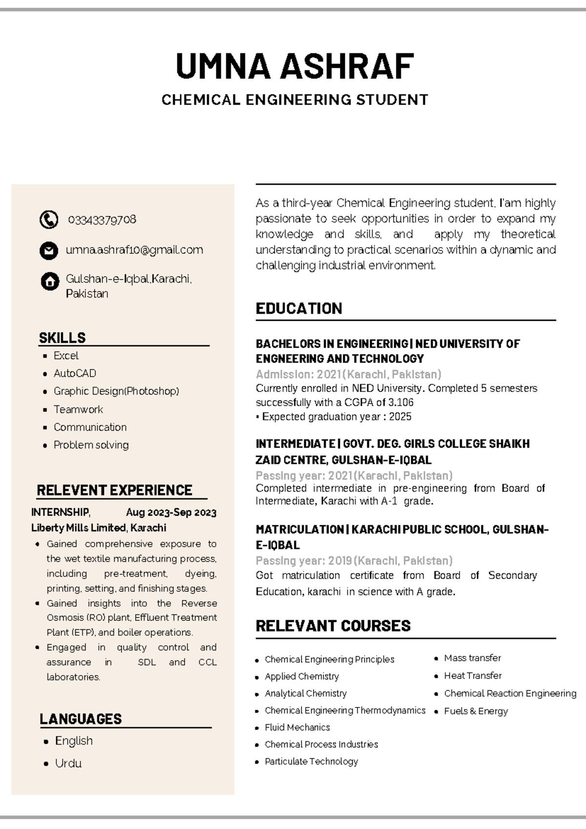 Resume - 03343379708 Gulshan-e-Iqbal,Karachi, Pakistan umna@gmail ...