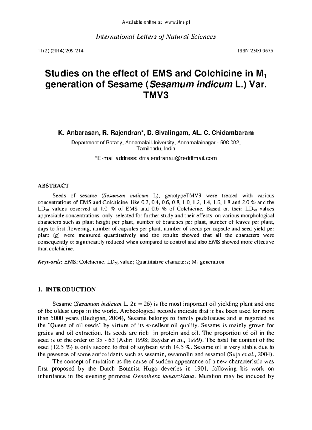 Studies on the effect of EMS and co - Available online at ilns ...