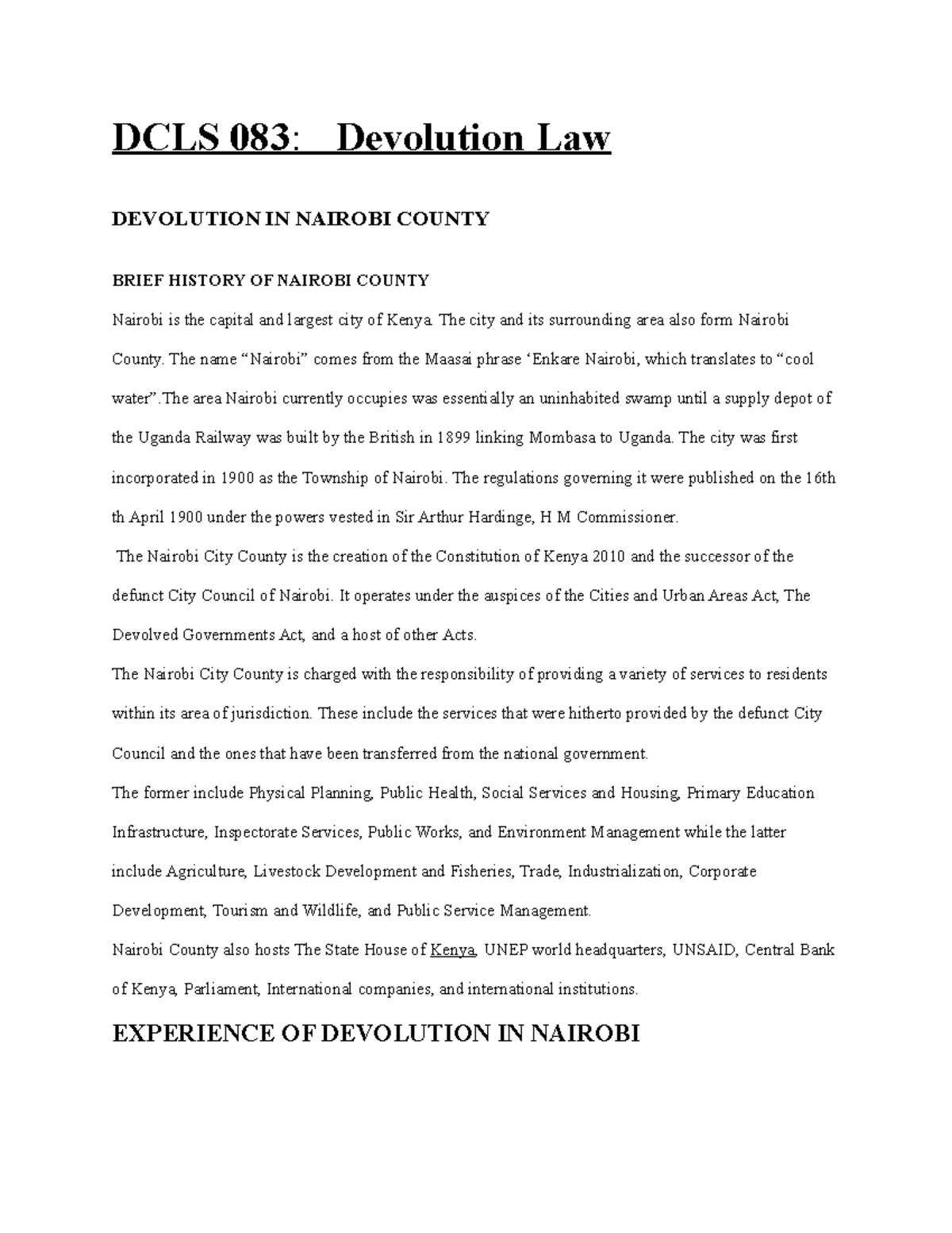 Devolution IN Nairobi County - DCLS 083: Devolution Law DEVOLUTION IN NAIROBI COUNTY BRIEF ...