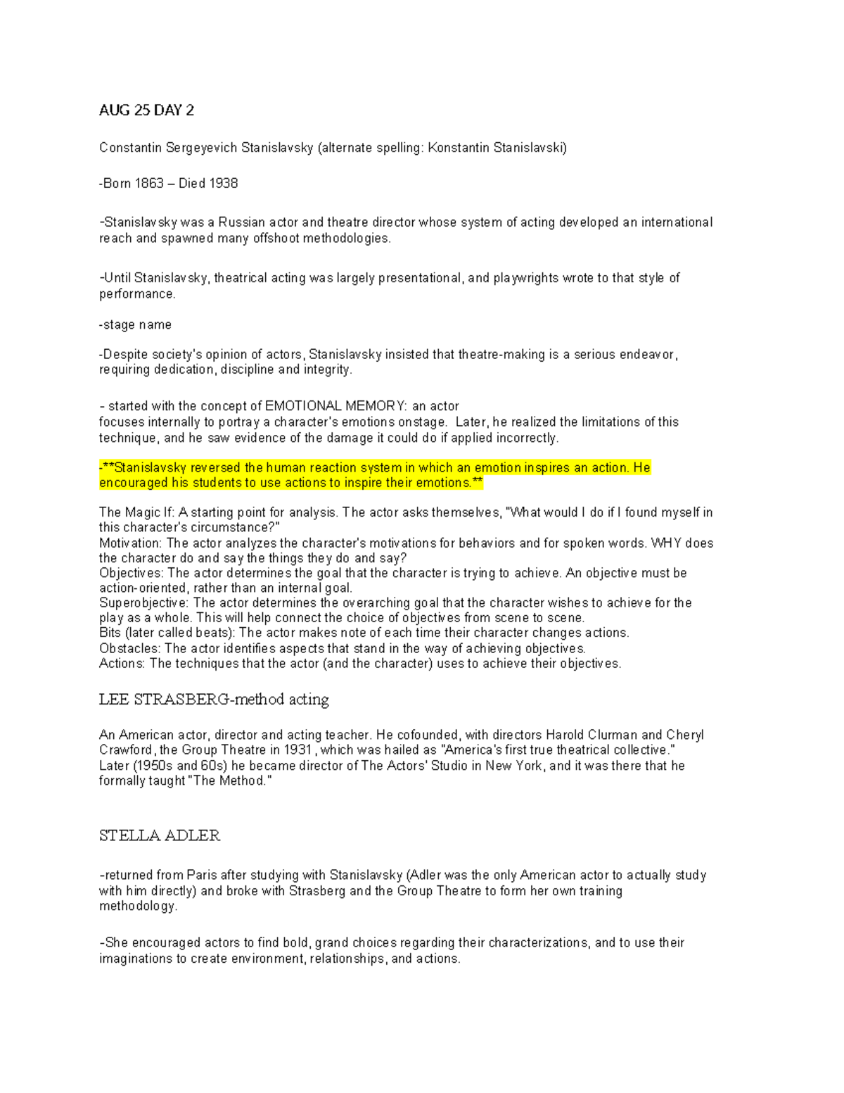 Acting one notes - AUG 25 DAY 2 Constantin Sergeyevich Stanislavsky ...