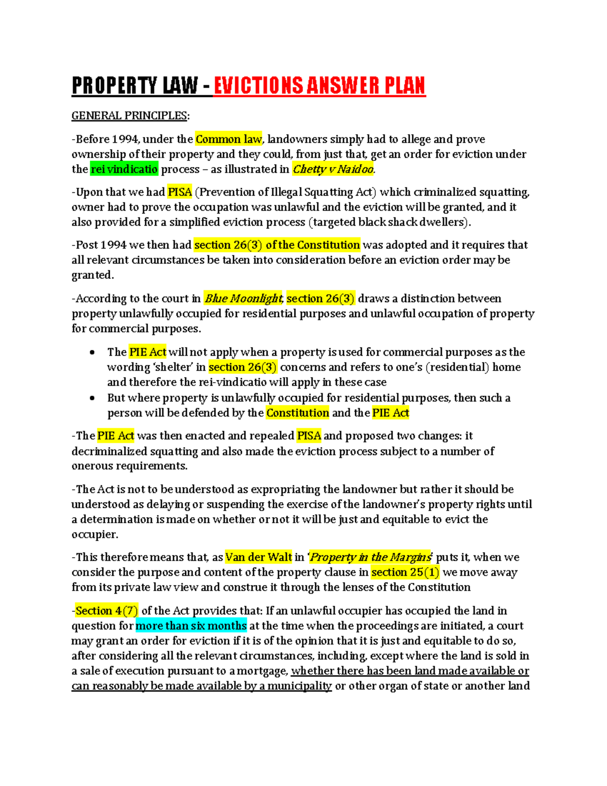 Answer PLAN - Evictions - PROPERTY LAW - EVICTIONS ANSWER PLAN GENERAL ...