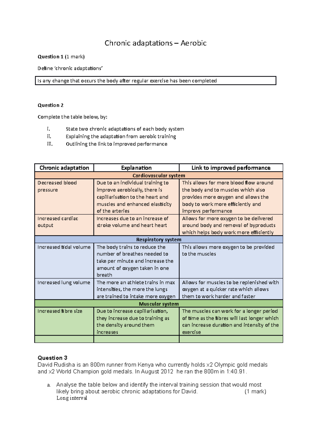 2022 Chronic adaptations homework sheet and SAC prep - Chronic adaptations – Aerobic Question 1 ...