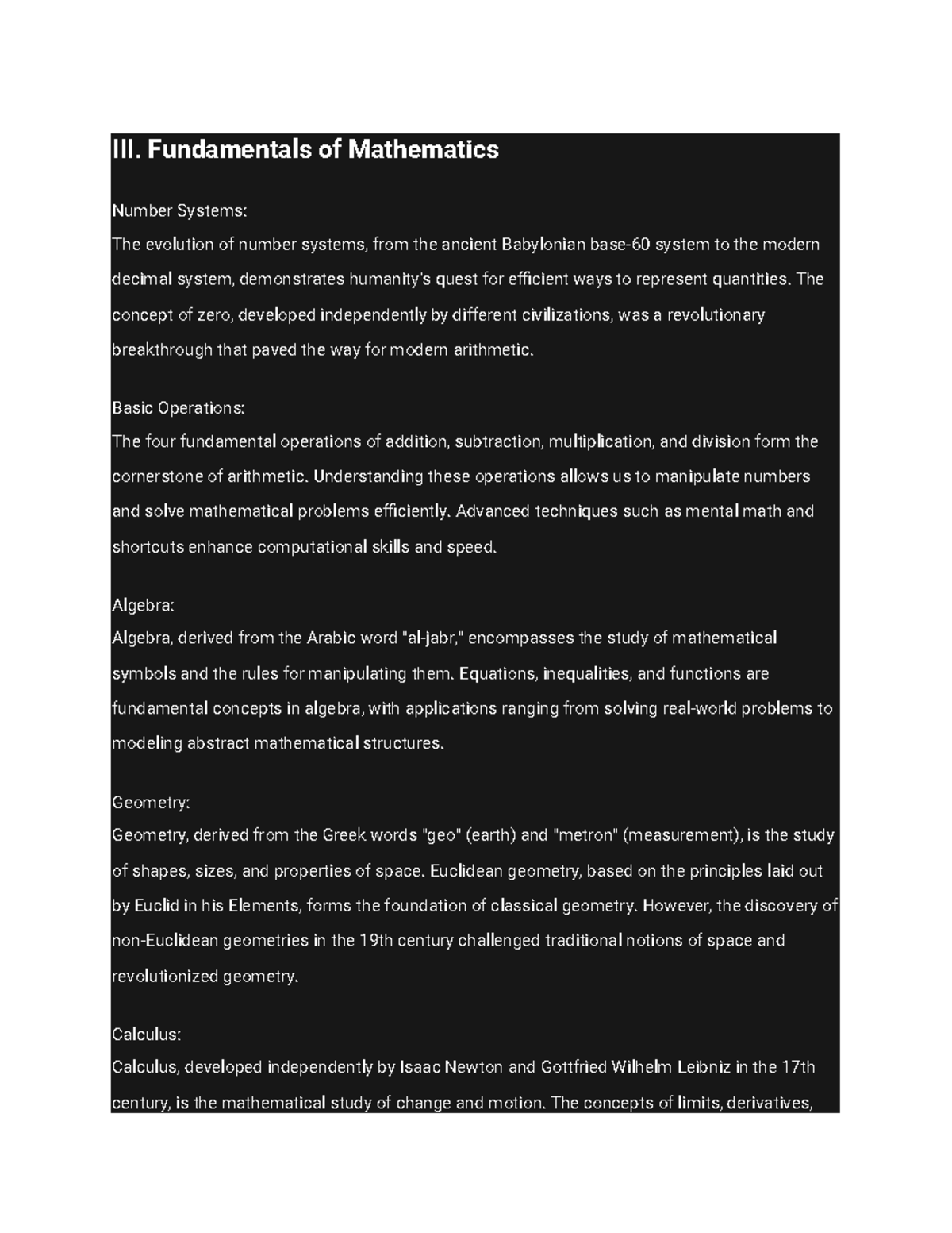 MATH 7414 - III. Fundamentals of Mathematics Number Systems: The ...