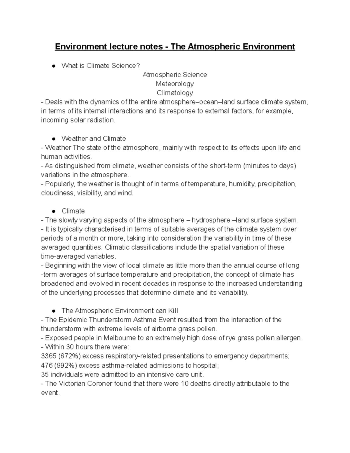 Environment lecture notes - The Atmospheric Environment - Weather and ...