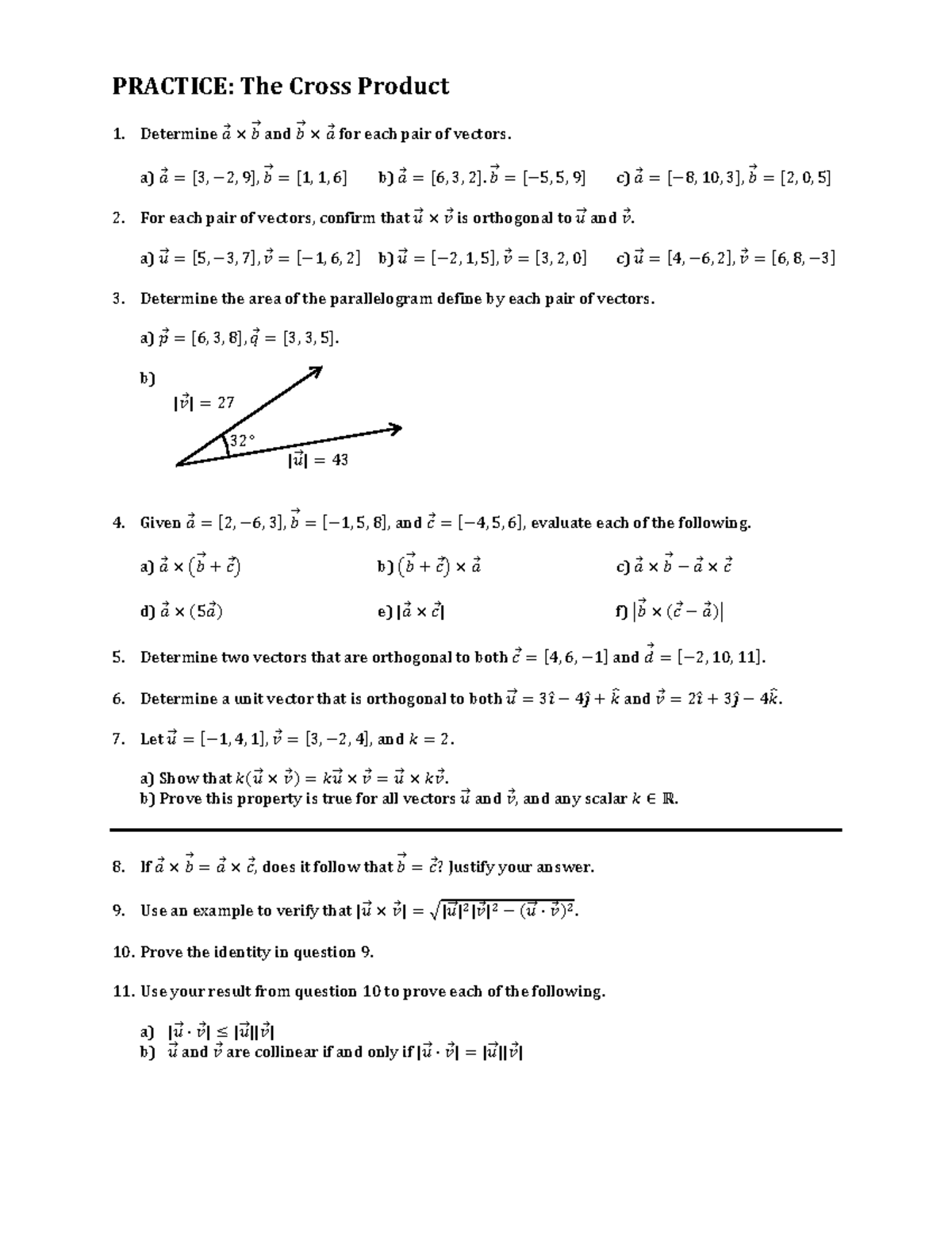 05 WORK Cross Product Practice Exercises - PRACTICE: The Cross Product ...