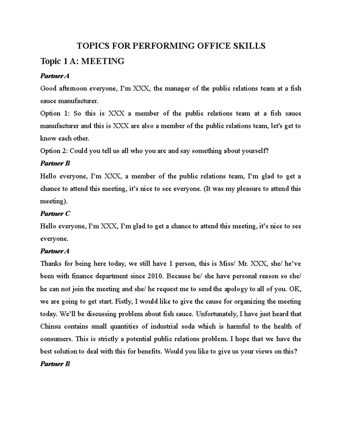 Office skill - vcxvx - TOPICS FOR PERFORMING OFFICE SKILLS Topic 1 A ...