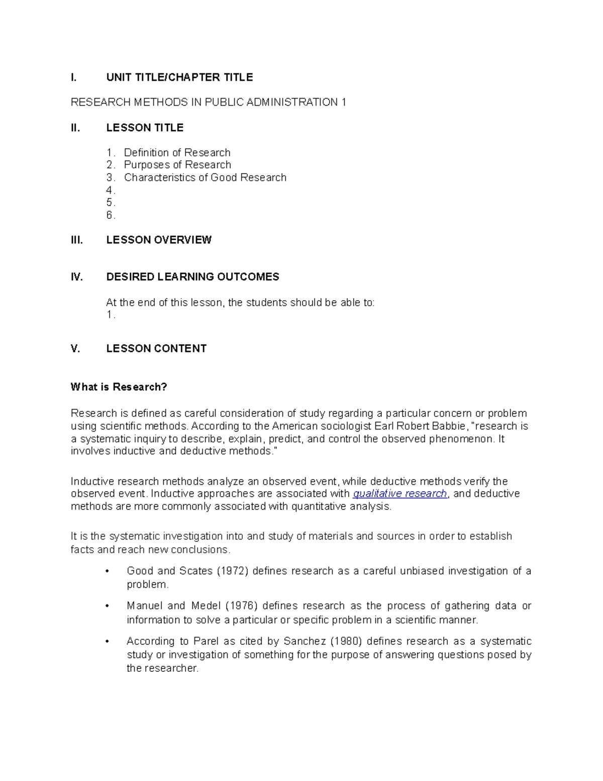 Research Method in PA. Module 1 - I. UNIT TITLE/CHAPTER TITLE RESEARCH ...