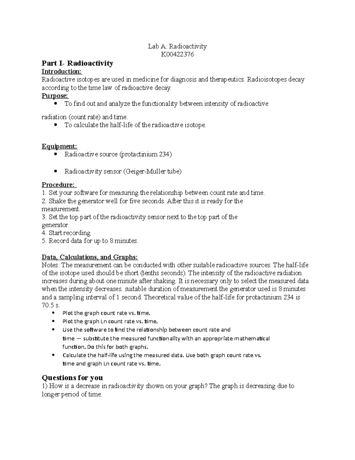 Radioactivity Report - Lab A: Radioactivity K Part I- Radioactivity ...