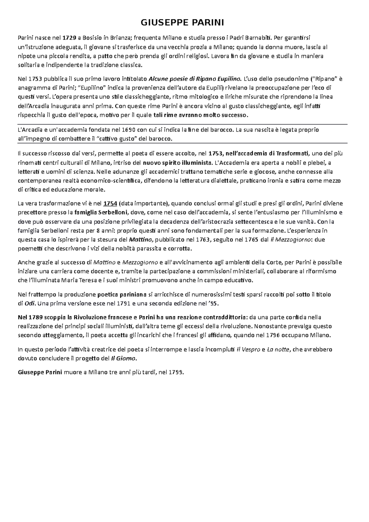 Riassunto Parini - GIUSEPPE PARINI Parini nasce nel 1729 a Bosisio in ...