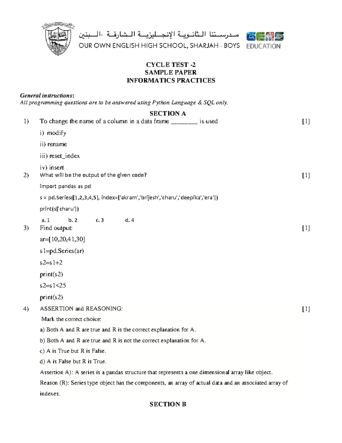 IP Cycle Test 2 Sample QP 2023 - CYCLE TEST - SAMPLE PAPER INFORMATICS ...