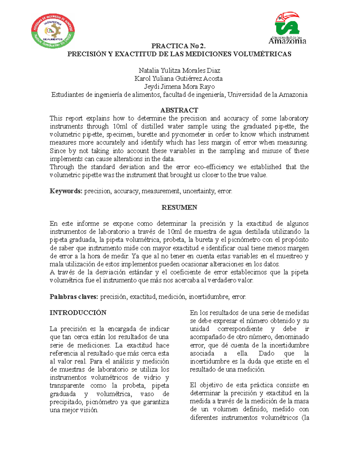 Practica No 2 informe quimica - PRACTICA No 2. PRECISIÓN Y EXACTITUD DE LAS MEDICIONES ...