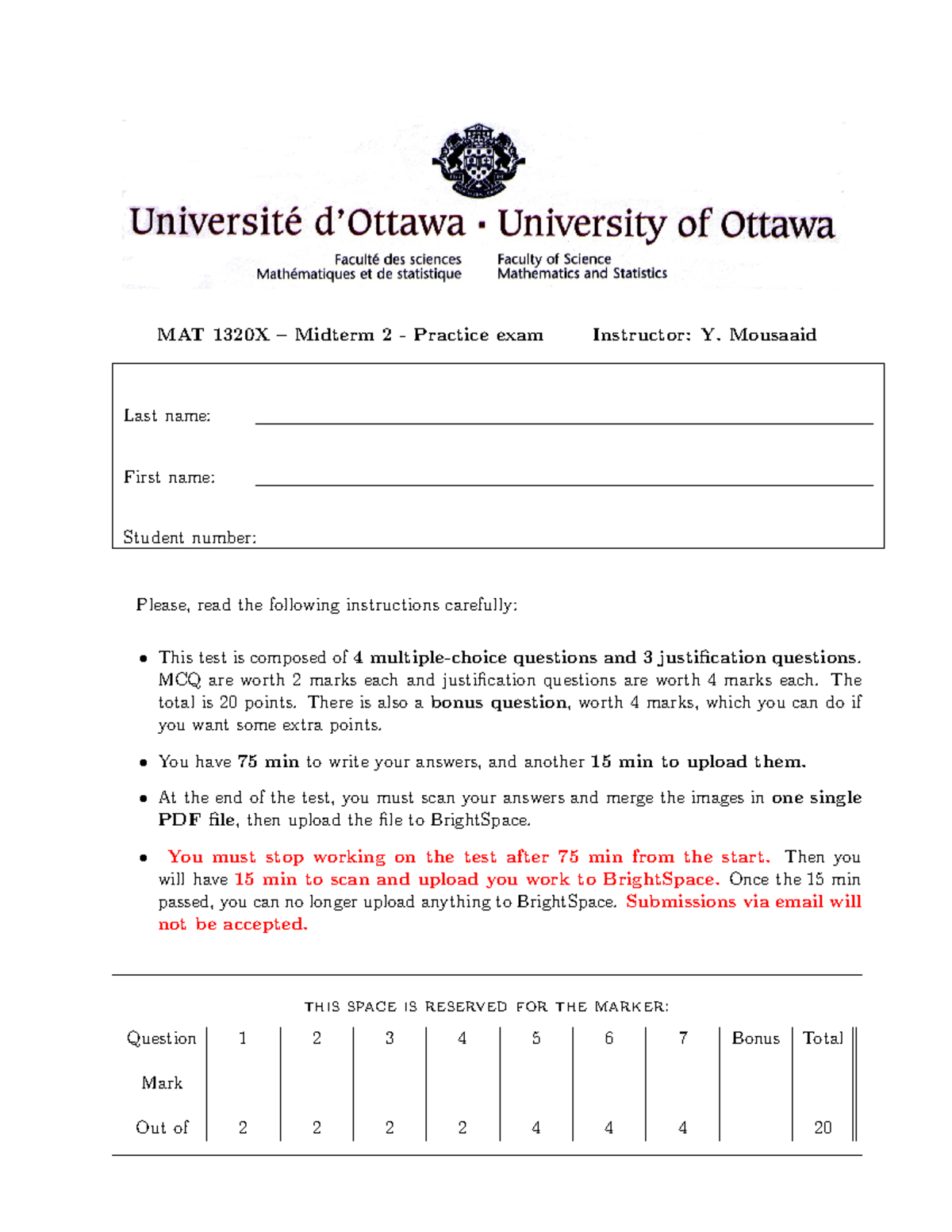 Midterm 2 - MAT 1320X – Midterm 2 - Practice exam Instructor: Y ...