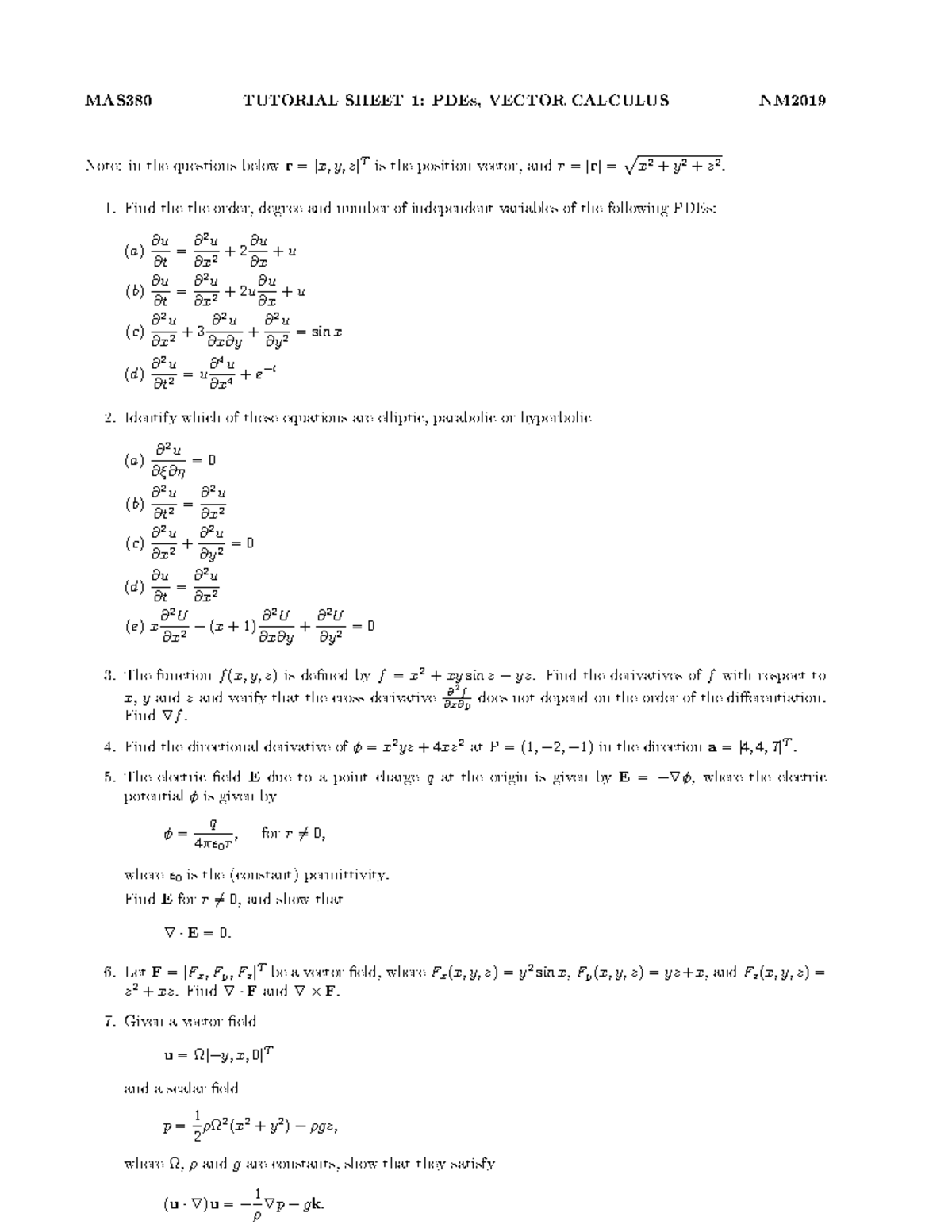 Tutorial Sheet 1 - TS1 - MAS380 TUTORIAL SHEET 1: PDEs, VECTOR CALCULUS NM Note: in the ...