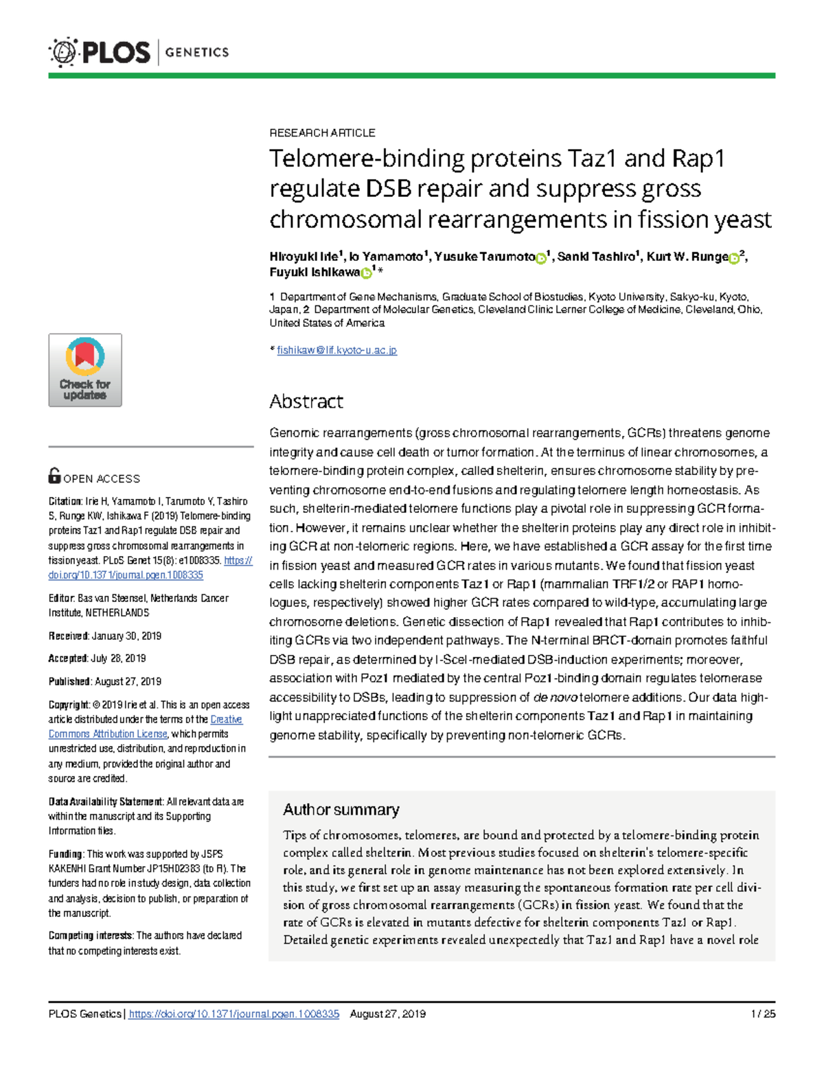 Telomere-binding proteins Taz1 and Rap1 - RESEARCH ARTICLE Telomere ...