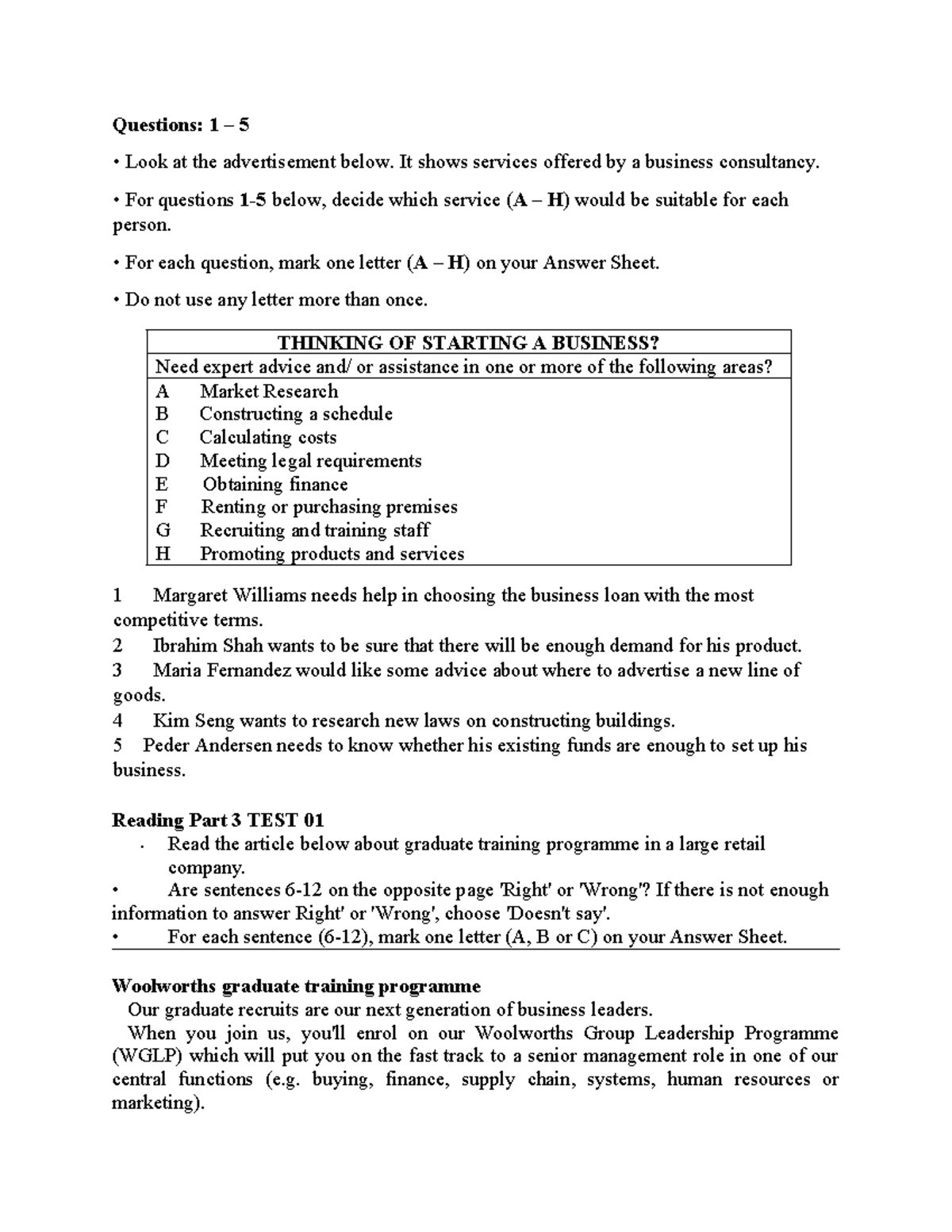 Reading Writing. Practice - Questions: 1 – 5 Look at the advertisement ...