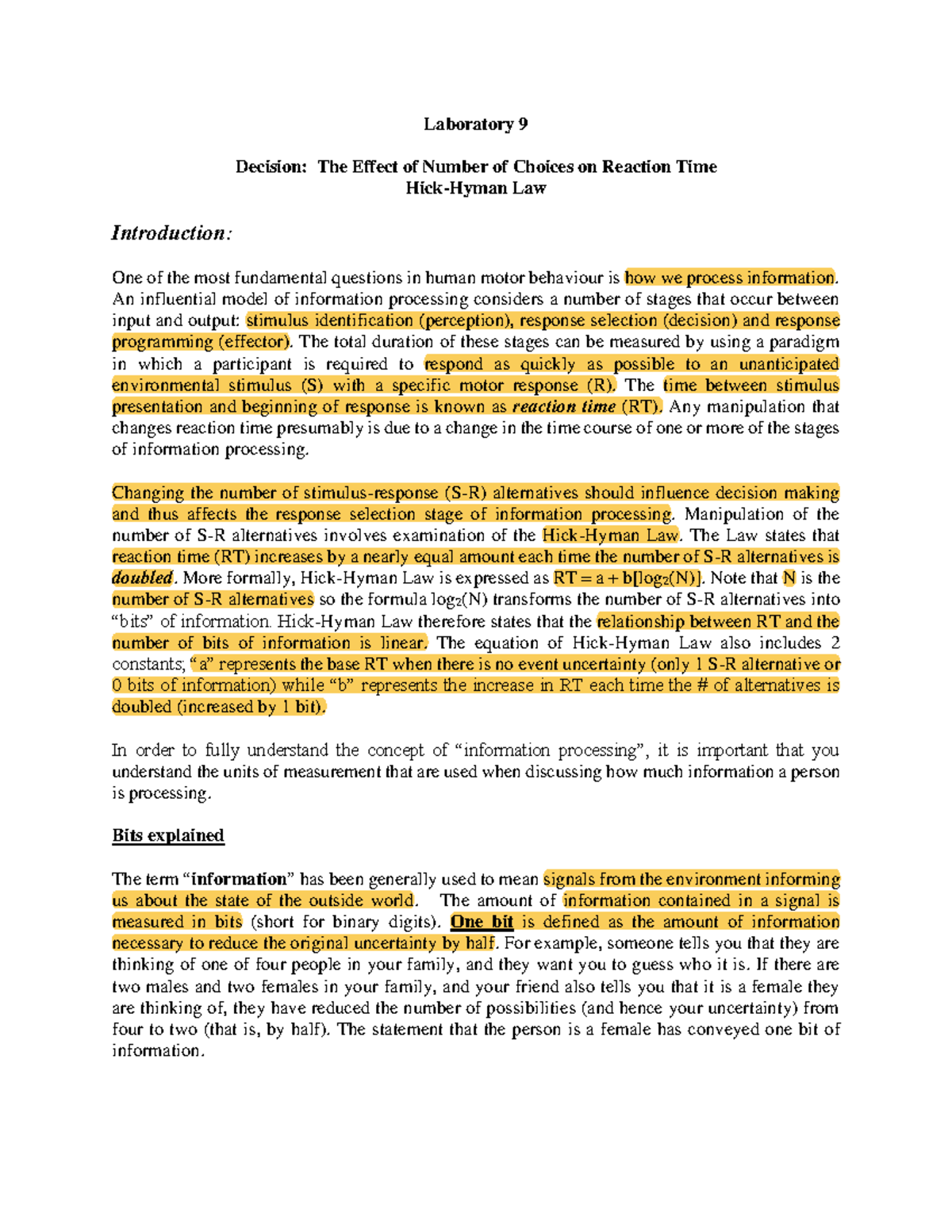 Laboratory 9 - Hick-Hyman Law - Laboratory 9 Decision: The Effect of ...