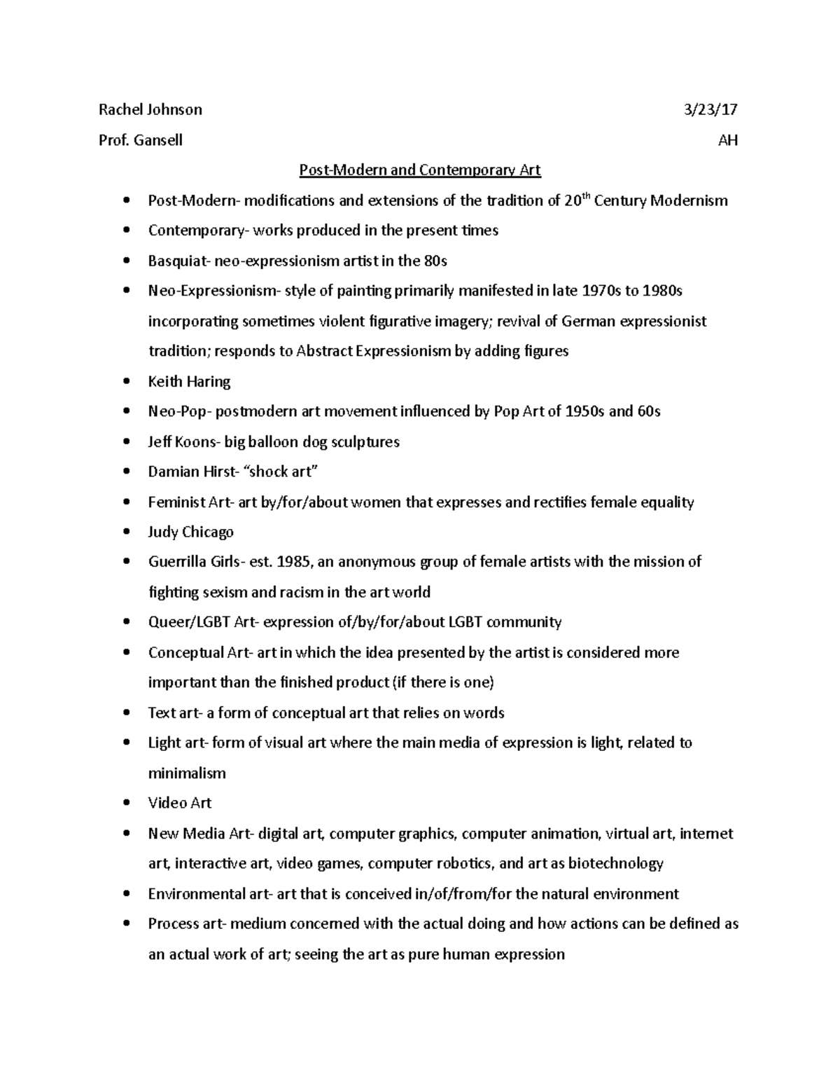 Art History II - Prof. Gansell - 3/23/17 : Post modern and contemporary ...