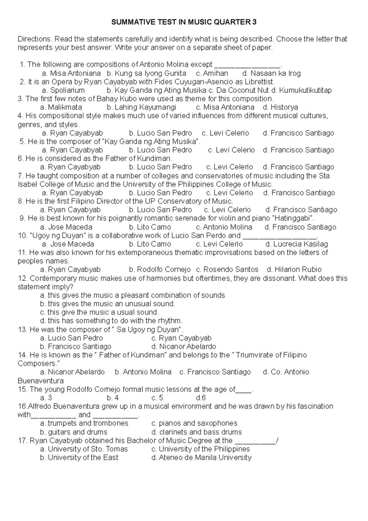 Summative TEST IN Music Quarter 3 - SUMMATIVE TEST IN MUSIC QUARTER 3 ...