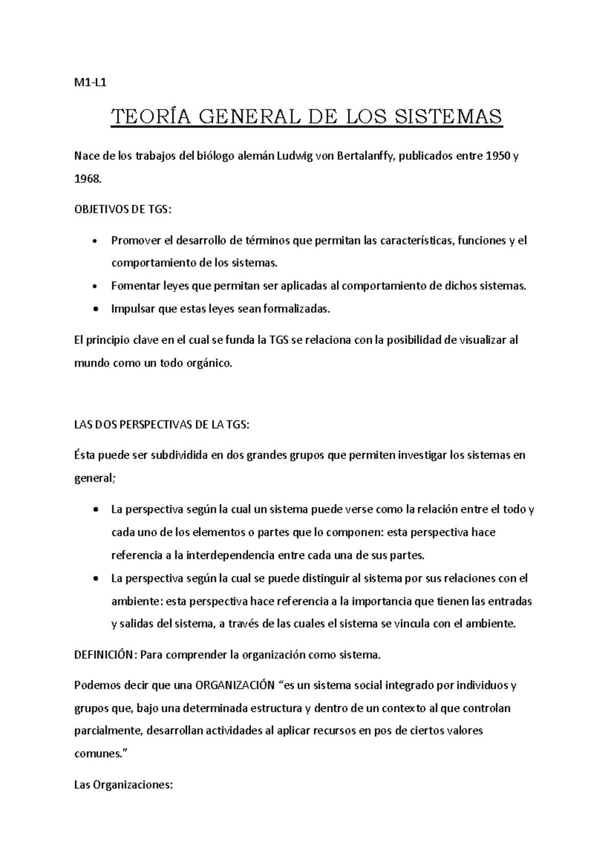 M1 Resuemn - Resumen Sistemas de Información Organizacionales - M1-L TEORÍA GENERAL DE LOS ...