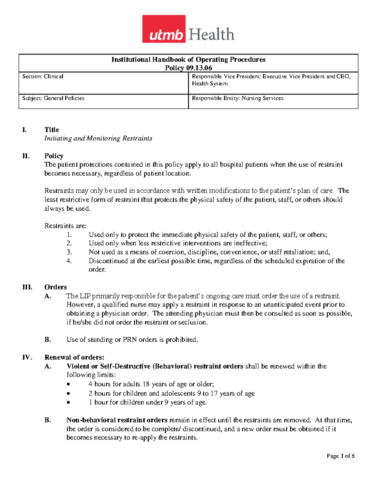 Initiating and Monitoring Restraints Example - Institutional Handbook ...