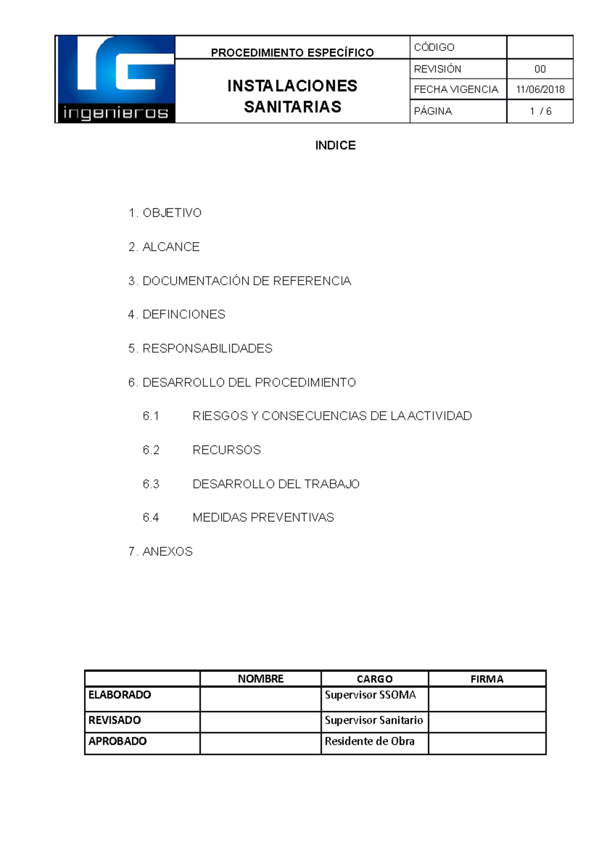 Procedimiento DE Instalaciones Sanitarias lg - INSTALACIONES SANITARIAS REVISIÓN 00 FECHA ...
