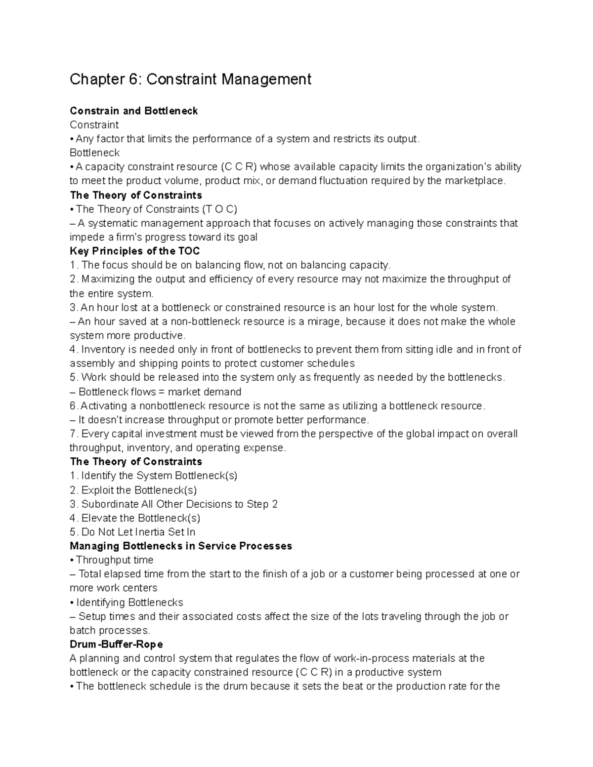 Operations Management Chapter 6 - Chapter 6: Constraint Management Constrain and Bottleneck ...