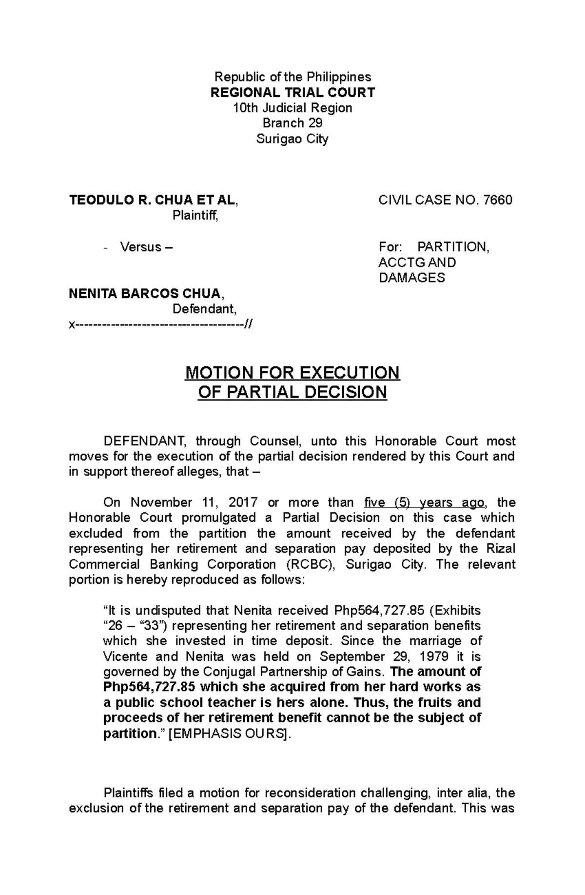 Motion For Execution Of Partial Judgment Chua Barcos Republic Of The