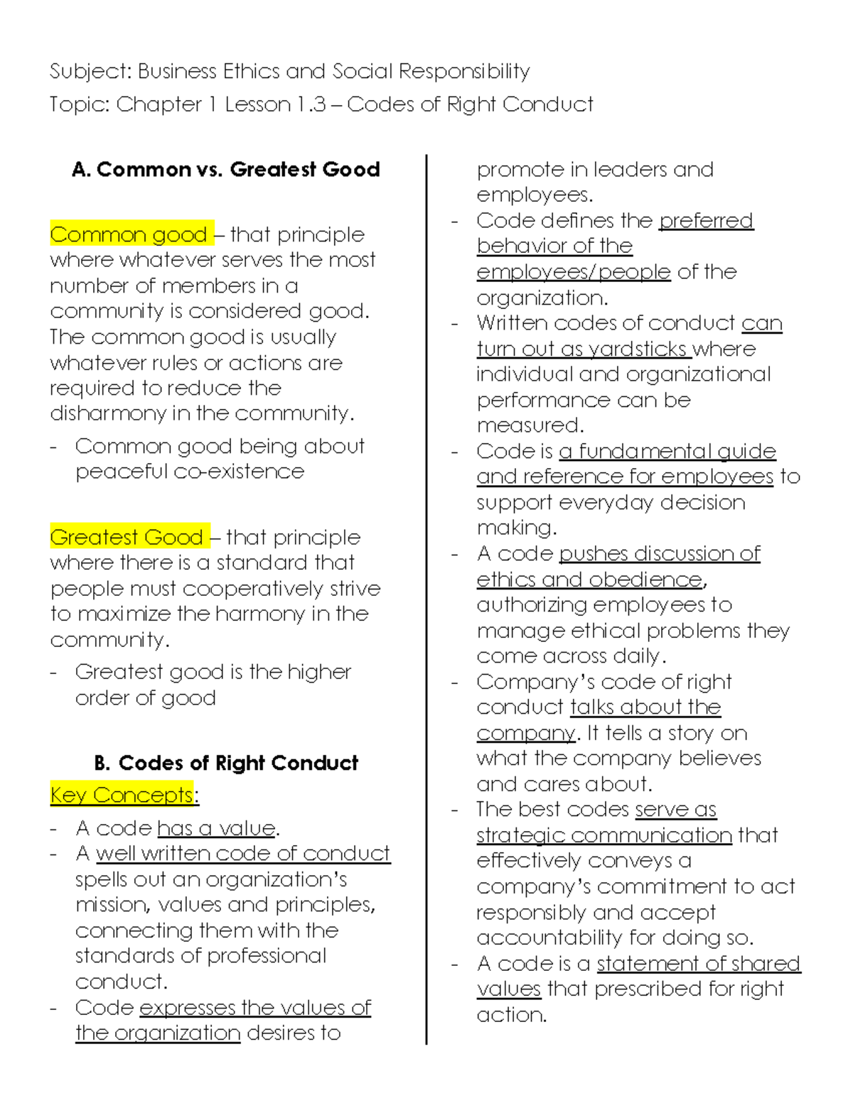 Business Ethics and Social Responsibility - Chapter 1 Lesson 1.3 Codes ...