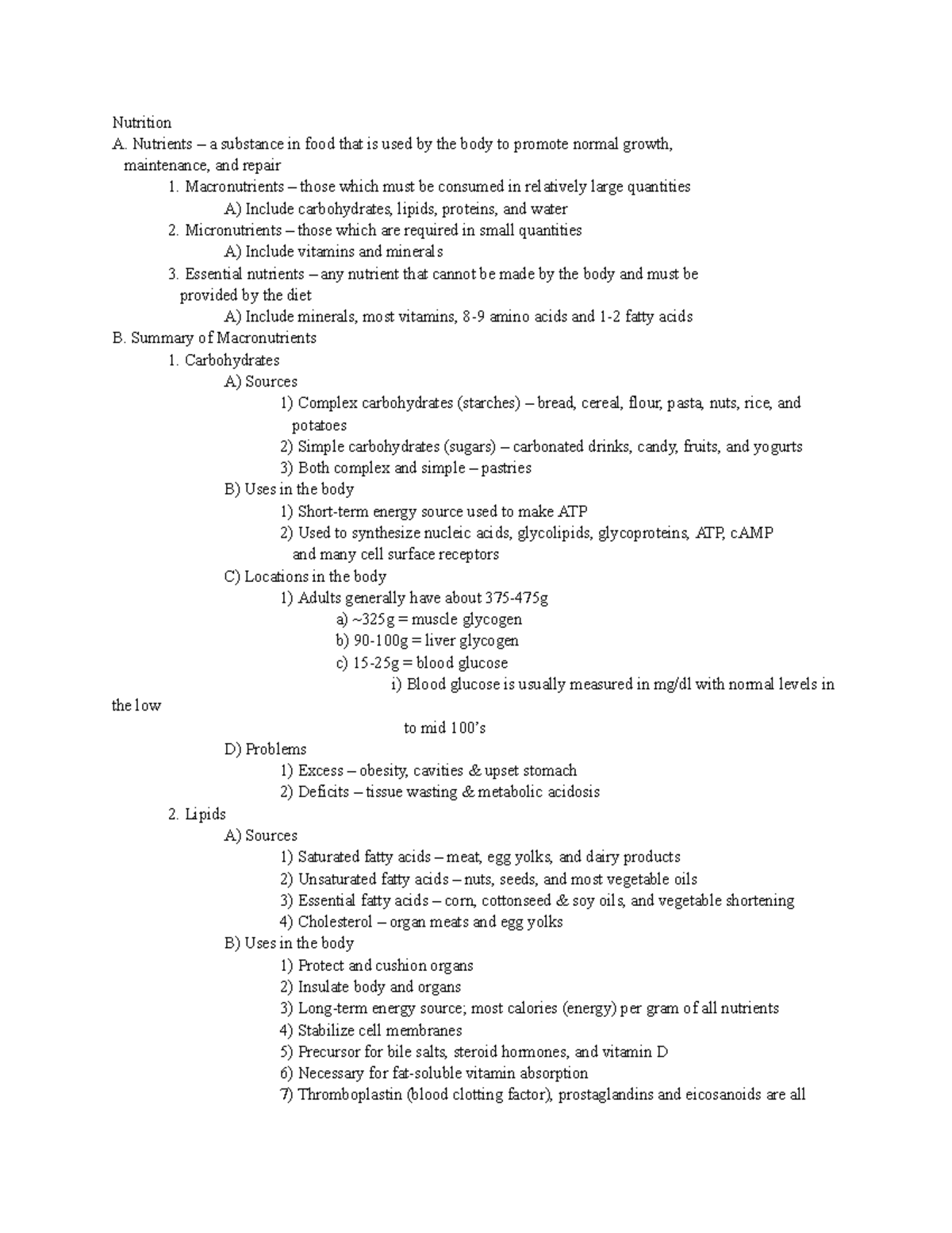 Nutrition Notes - Nutrition A. Nutrients – a substance in food that is ...