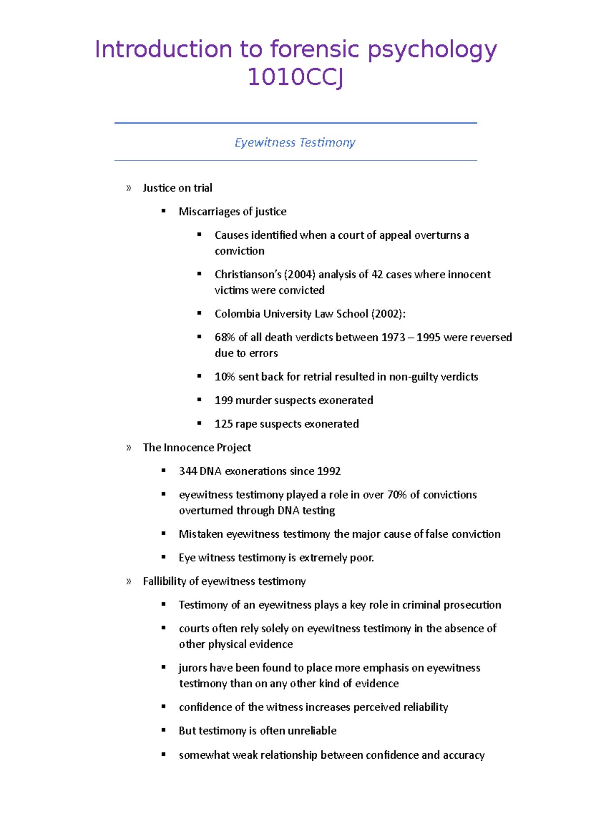 Week 6 Notes - Eyewitness Testimony - 1010CCJ - Griffith - Studocu