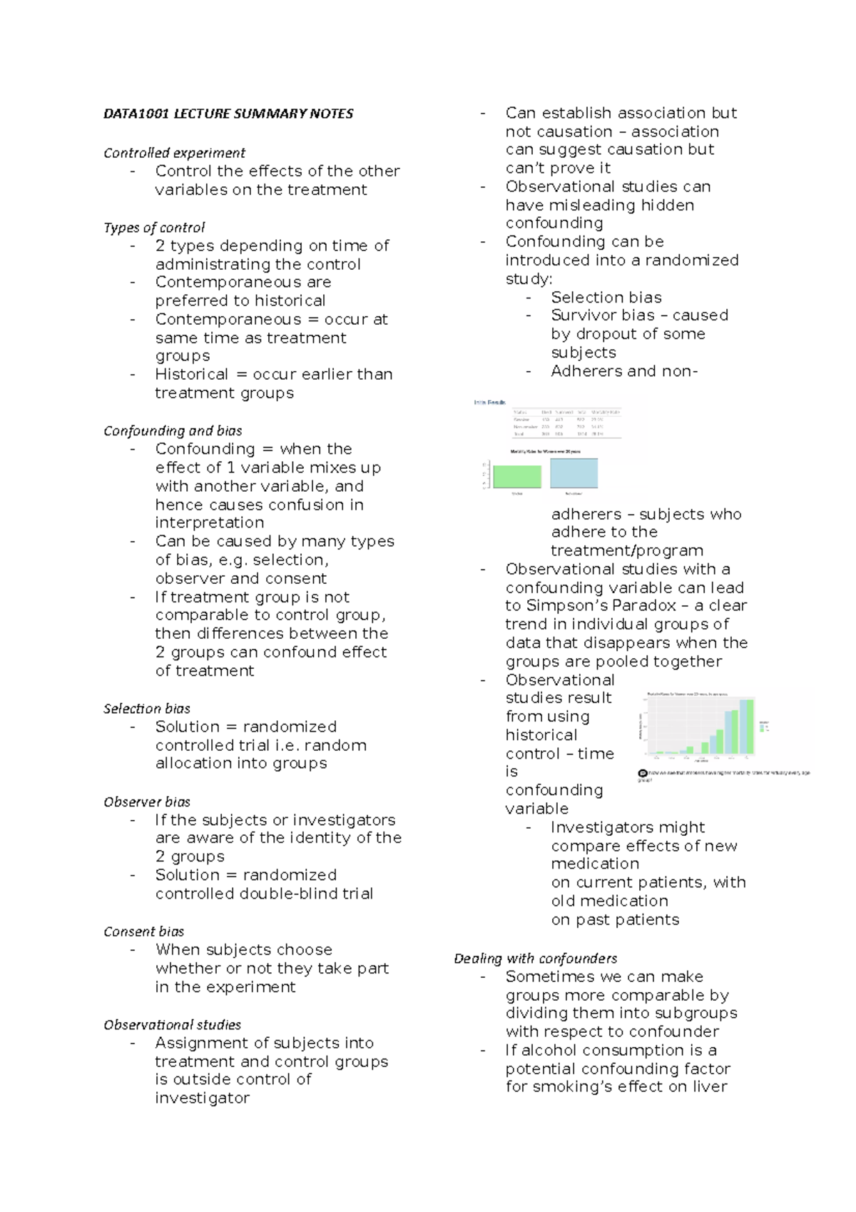Immu2011 Lecture Summary Notes Data1001 Lecture Summary Notes Controlled Experiment Control