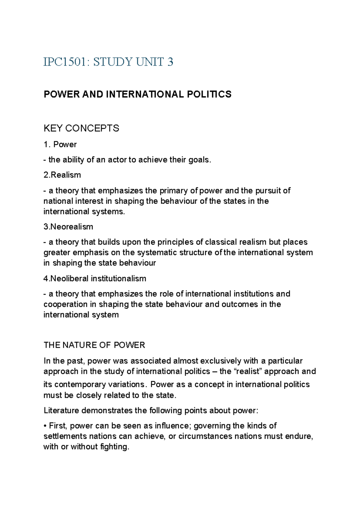 IPC1501 UNIT 3 Notes - IPC1501: STUDY UNIT 3 POWER AND INTERNATIONAL ...